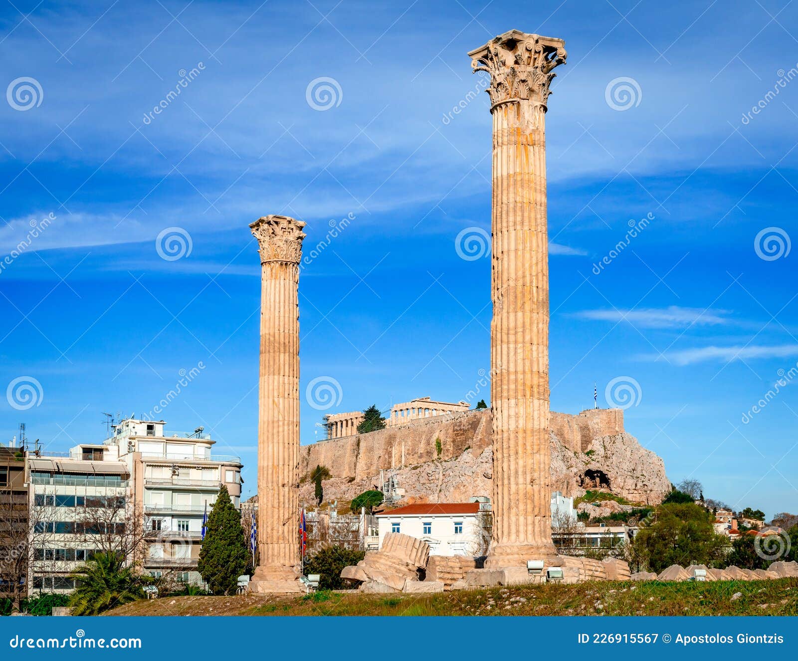 The Temple of Olympian Zeus and the Acropolis of Athens Stock Image ...