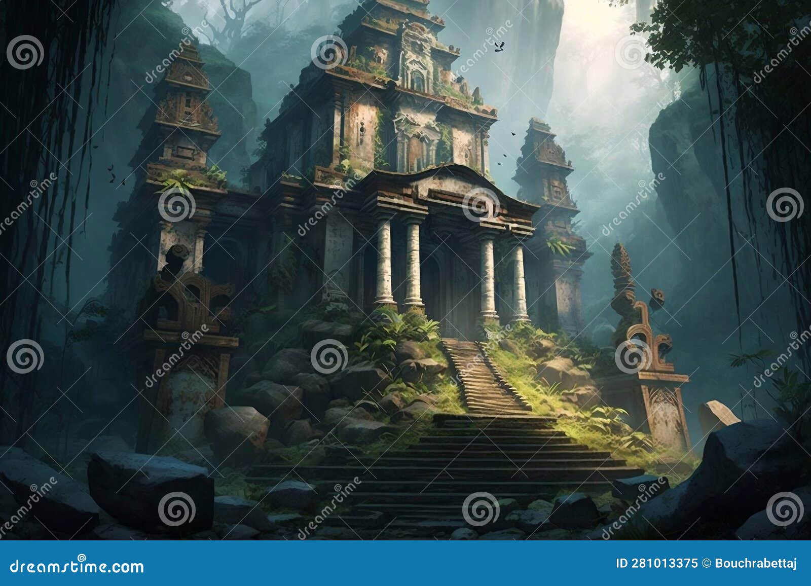 Temple Ruins in Fantasy Mountains, Ancient Palace Ruins Nestled in a ... Temple Ruins in Fantasy Mountains, Ancient Palace Ruins Nestled in a ...