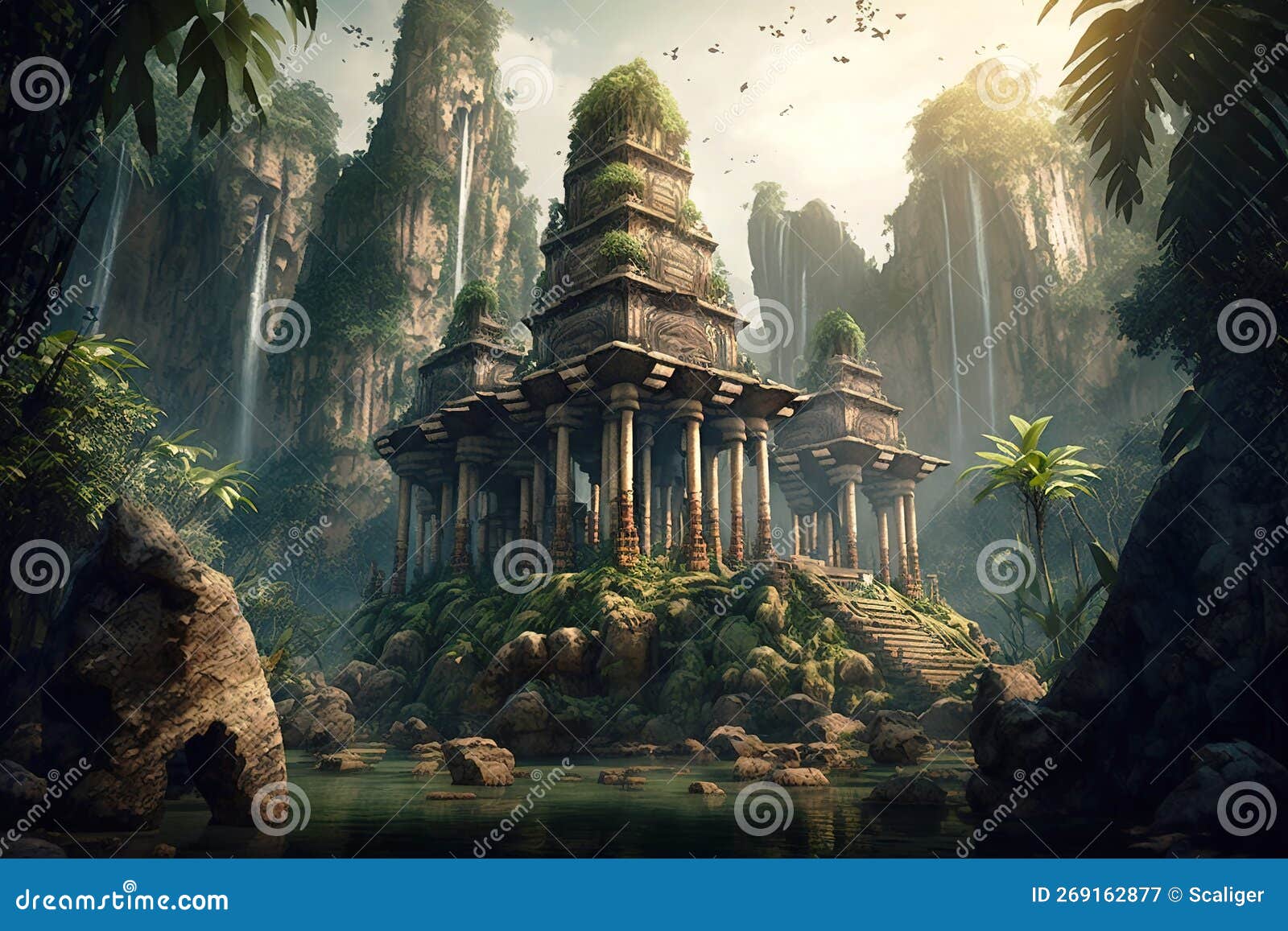 Temple Ruins in Jungle, Old Stone Building and Fairy Waterfalls in ... Temple Ruins in Jungle, Old Stone Building and Fairy Waterfalls in ...