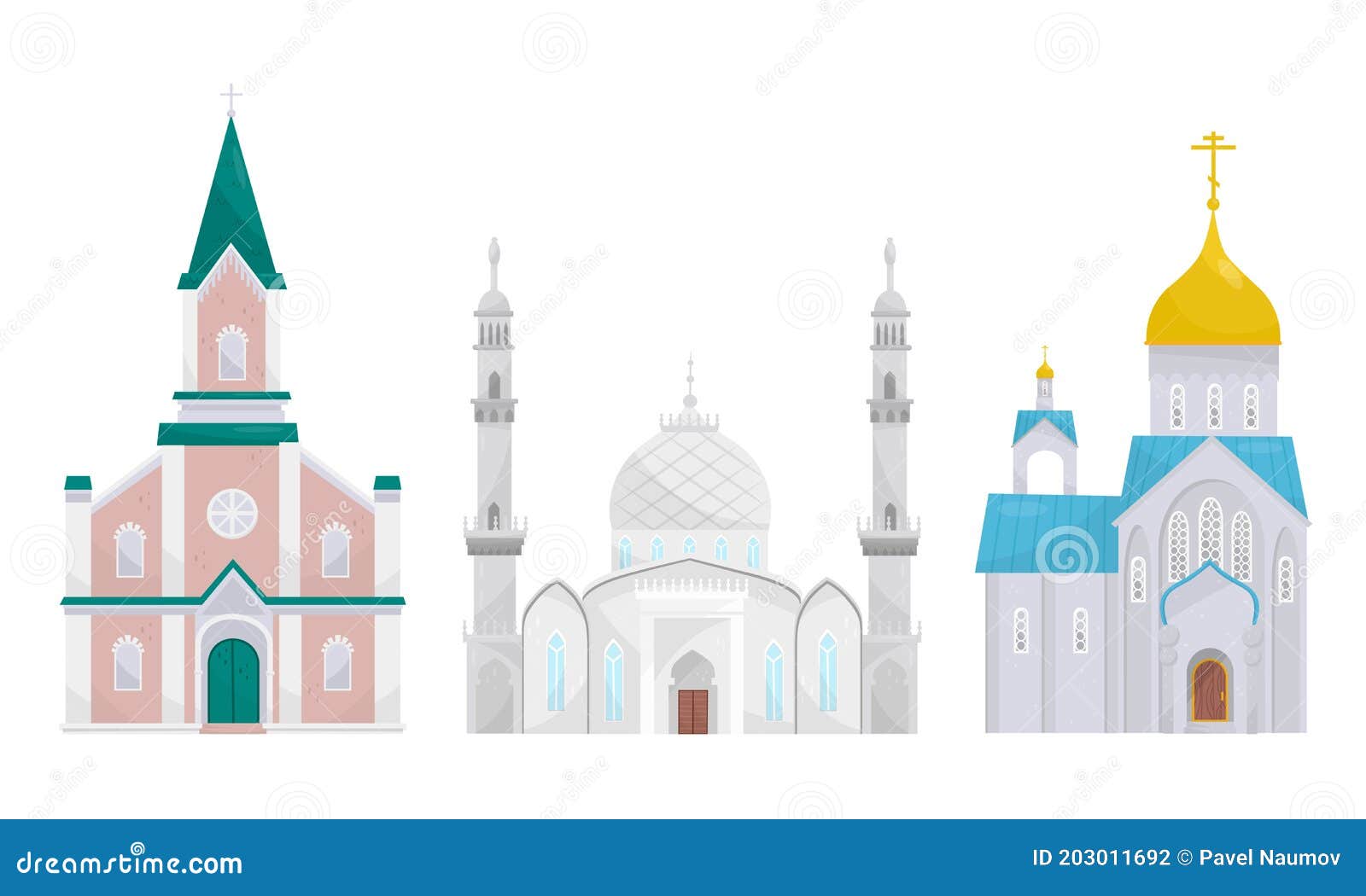 Temples of Different Religion with Orthodox and Catholic Church Vector ...