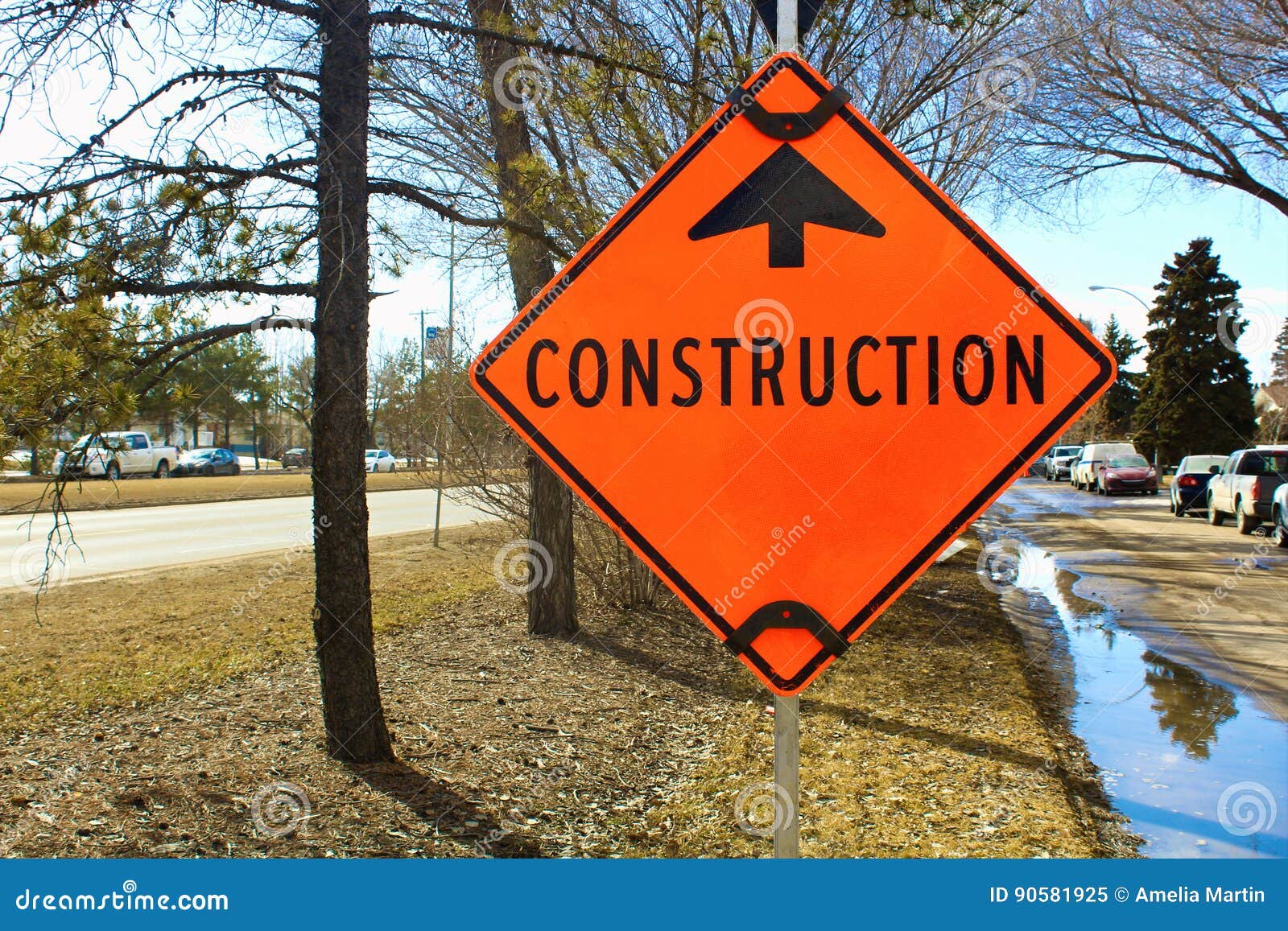 Temporary Construction Ahead Sign on a Side Street Stock Image - Image ...