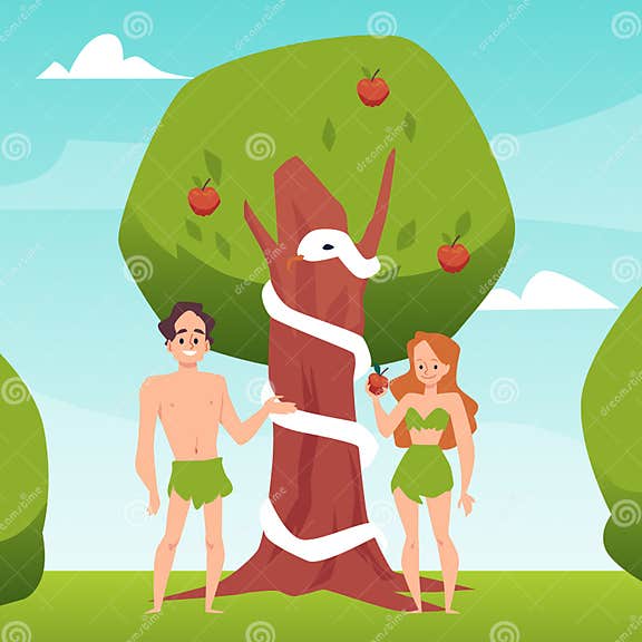 Temptation Of Adam And Eve With Forbidden Fruit Flat Vector