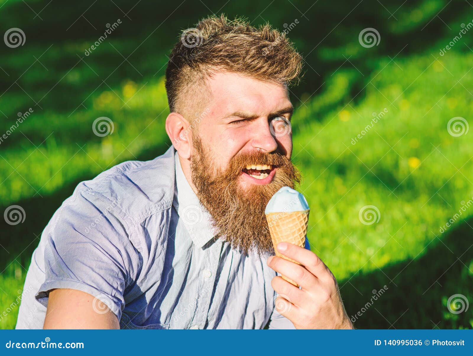 Temptation Concept Bearded Man With Ice Cream Cone Man With Long