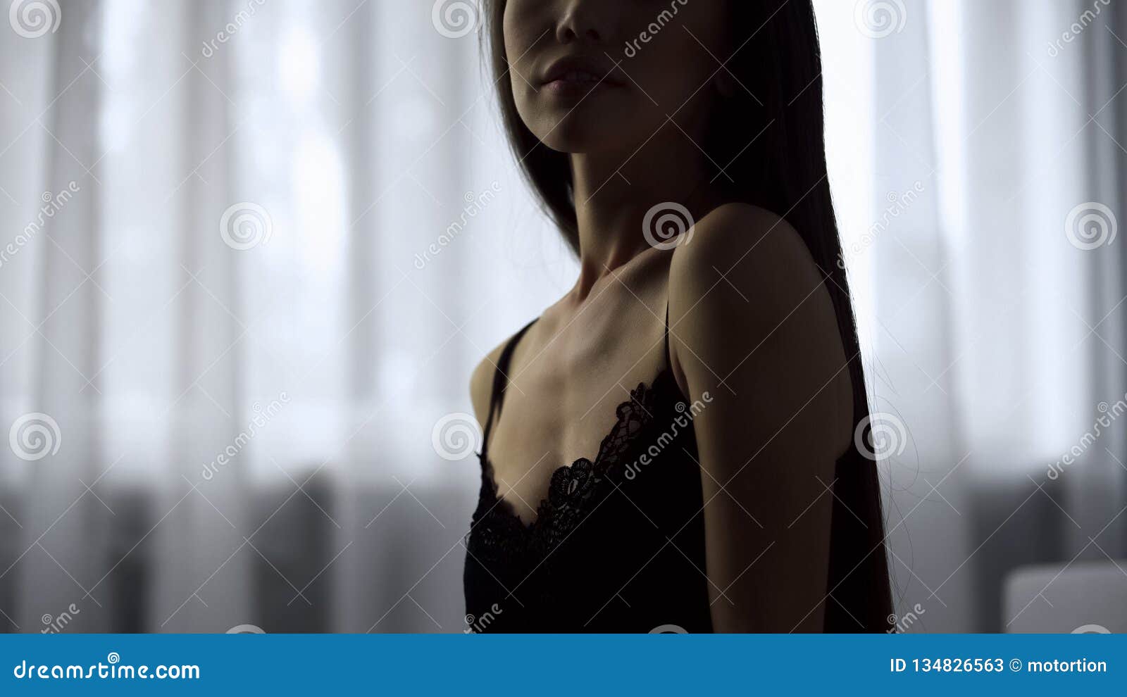 Tempting Woman In Black Lingerie Flirting On Bed Tender And Soft