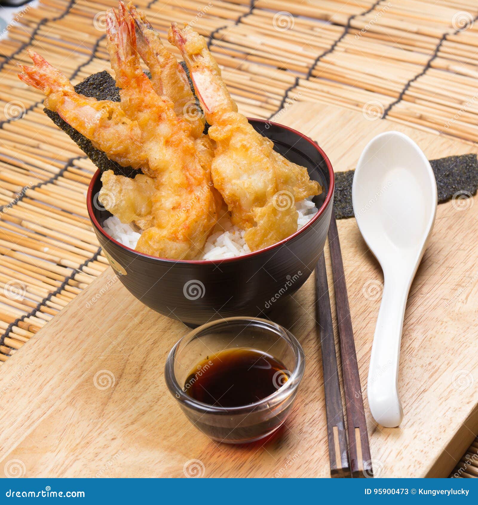 Tempura on rice stock image. Image of chopsticks, sesame - 95900473