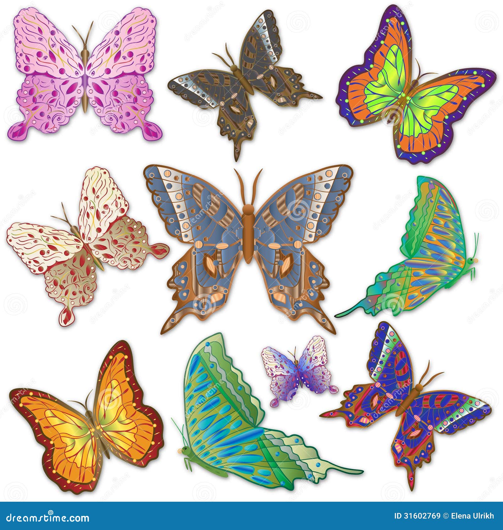 Ten Bright Motley Butterflies Stock Illustration - Illustration of ...