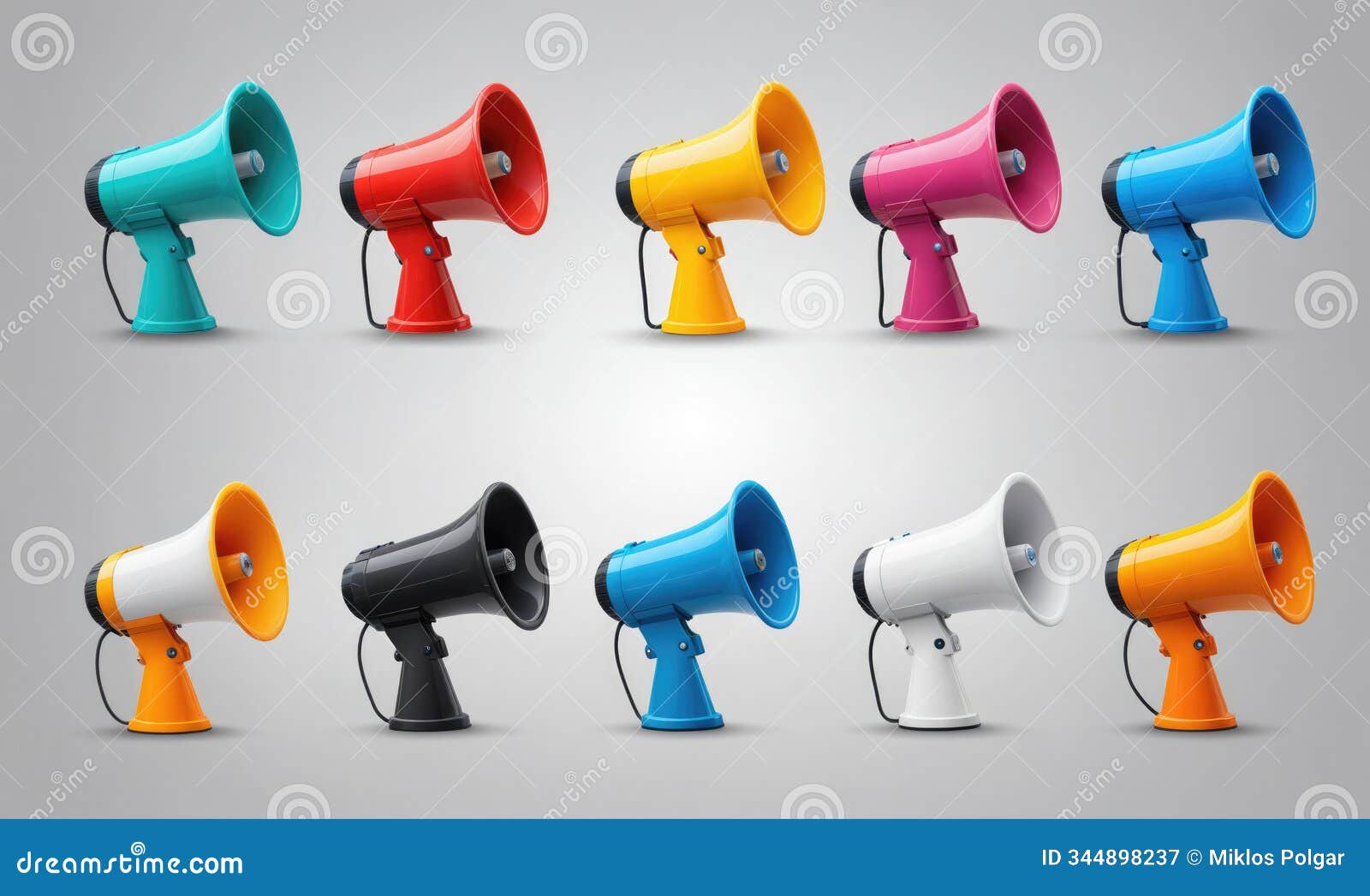 Ten Colorful Megaphones are Arranged in Two Rows on a Gray Background ...