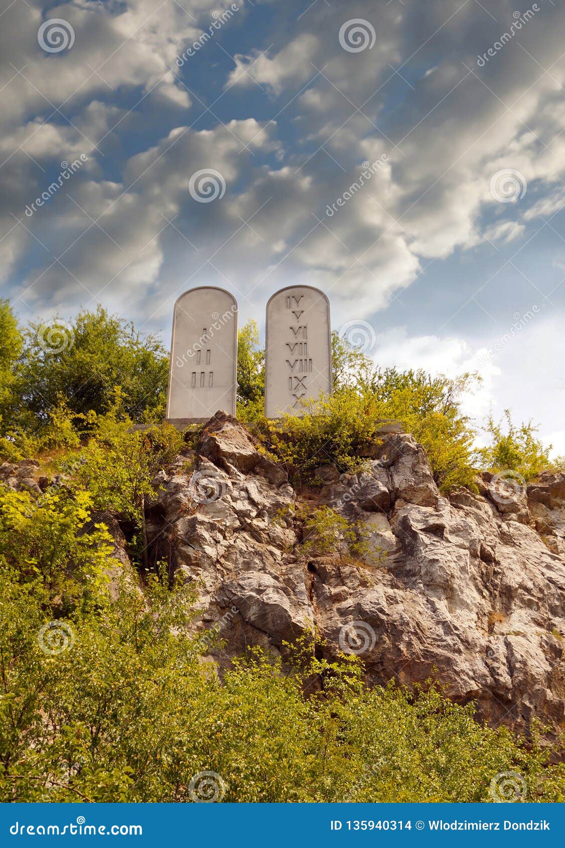 Ten Commandments List. Stone Tablets on a Rocky Hill with Carved 10 ...