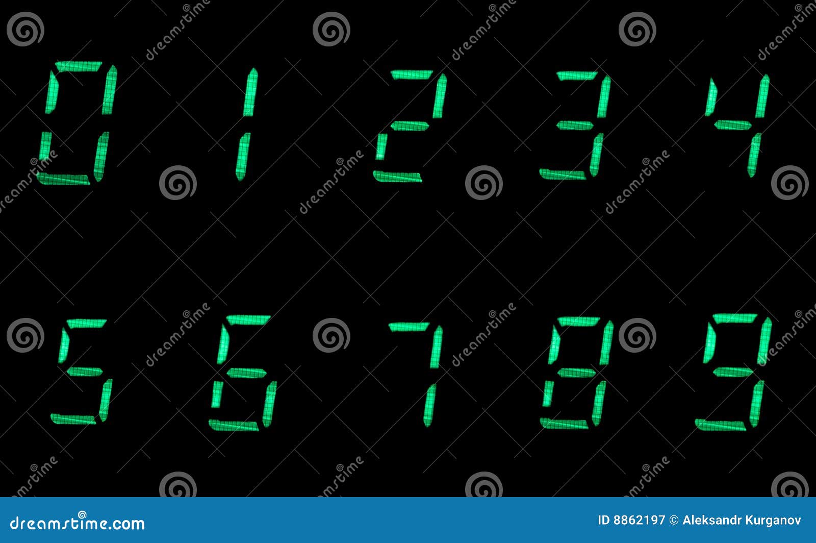 Ten Digital Numbers in Green on Black Background Stock Image - Image of ...