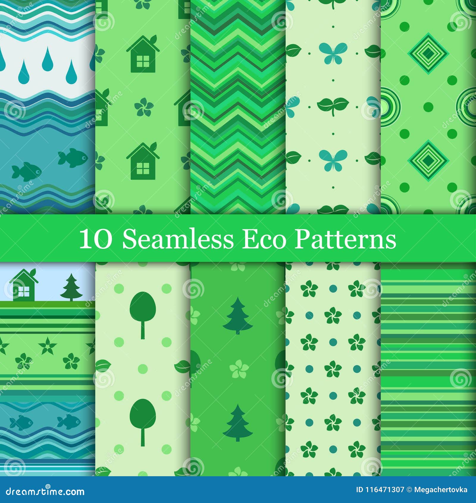 Ten Eco Seamless Patterns in Green Colours Stock Vector - Illustration ...