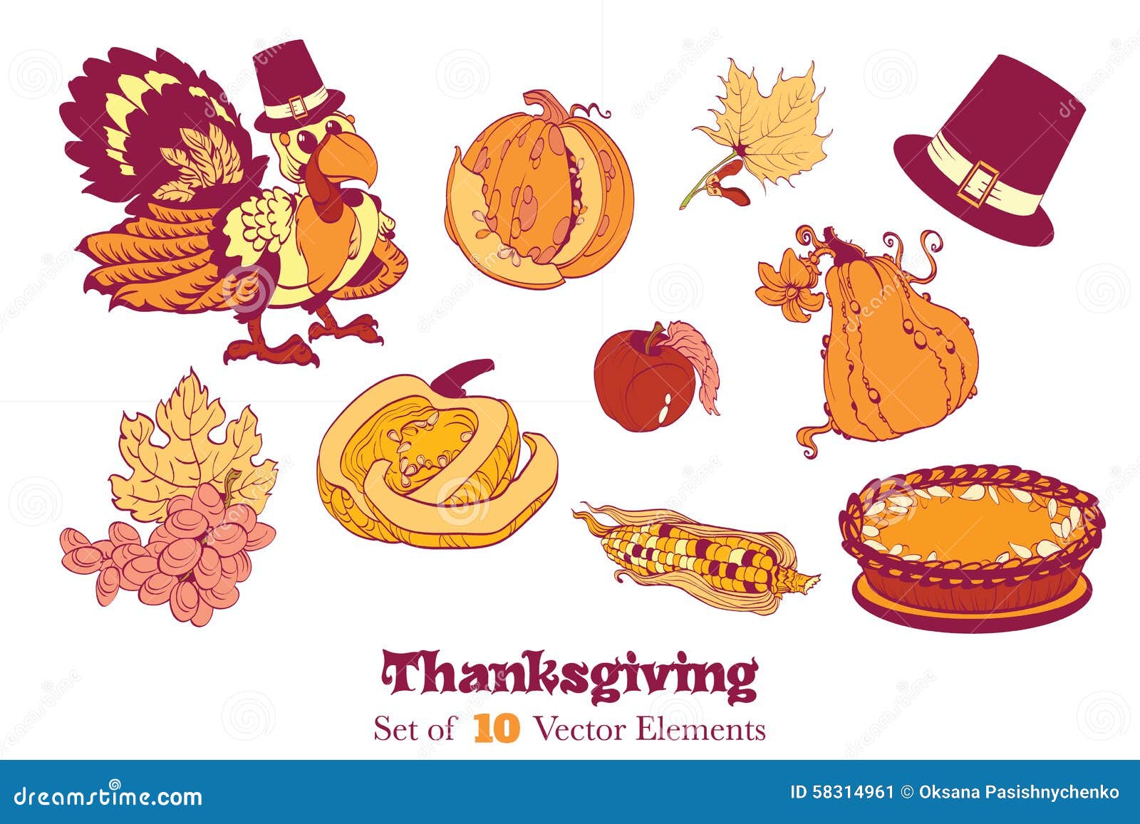 Ten Thanksgiving Design Elements. Turkey Pumpkin Stock Vector ...