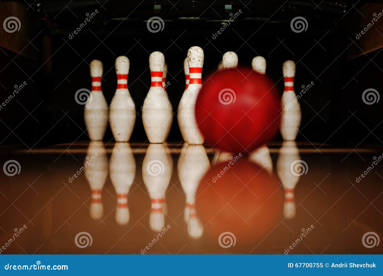 Ten White Pins in a Bowling Alley with Ball Hit Stock Image - Image of ...