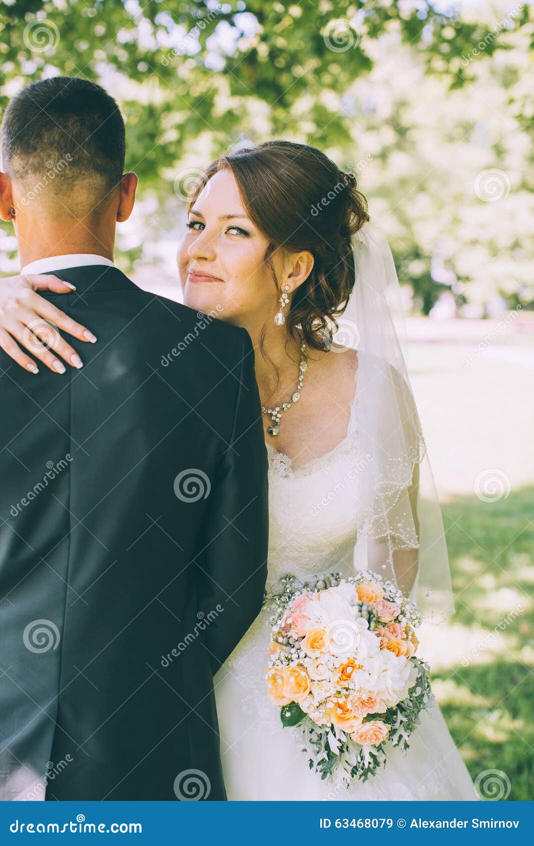 Tender Beautiful Bride Looking Over the Shoulder of the Groom Stock ...