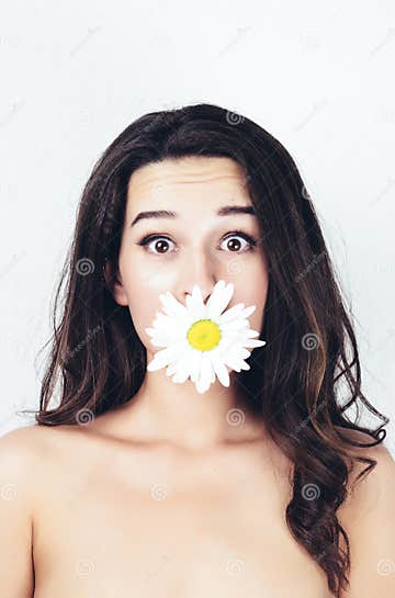 Tender Cute Beautiful Surprised Summer Young Girl With Topless Body Holds Camomiles Flowers
