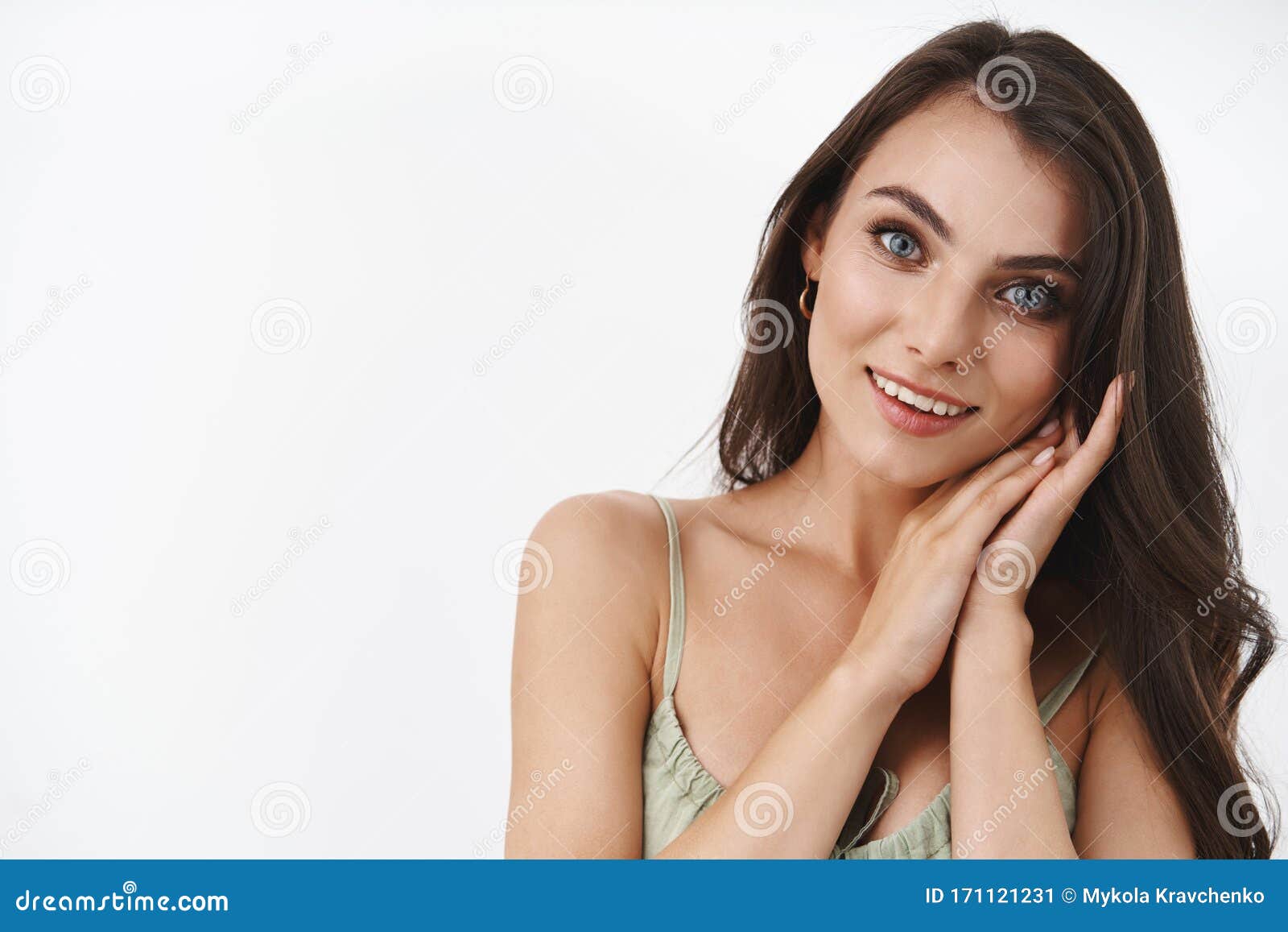Tenderness Beauty And Makeup Industry Alluring Cute Brunette Female With Blue Eyes Wear