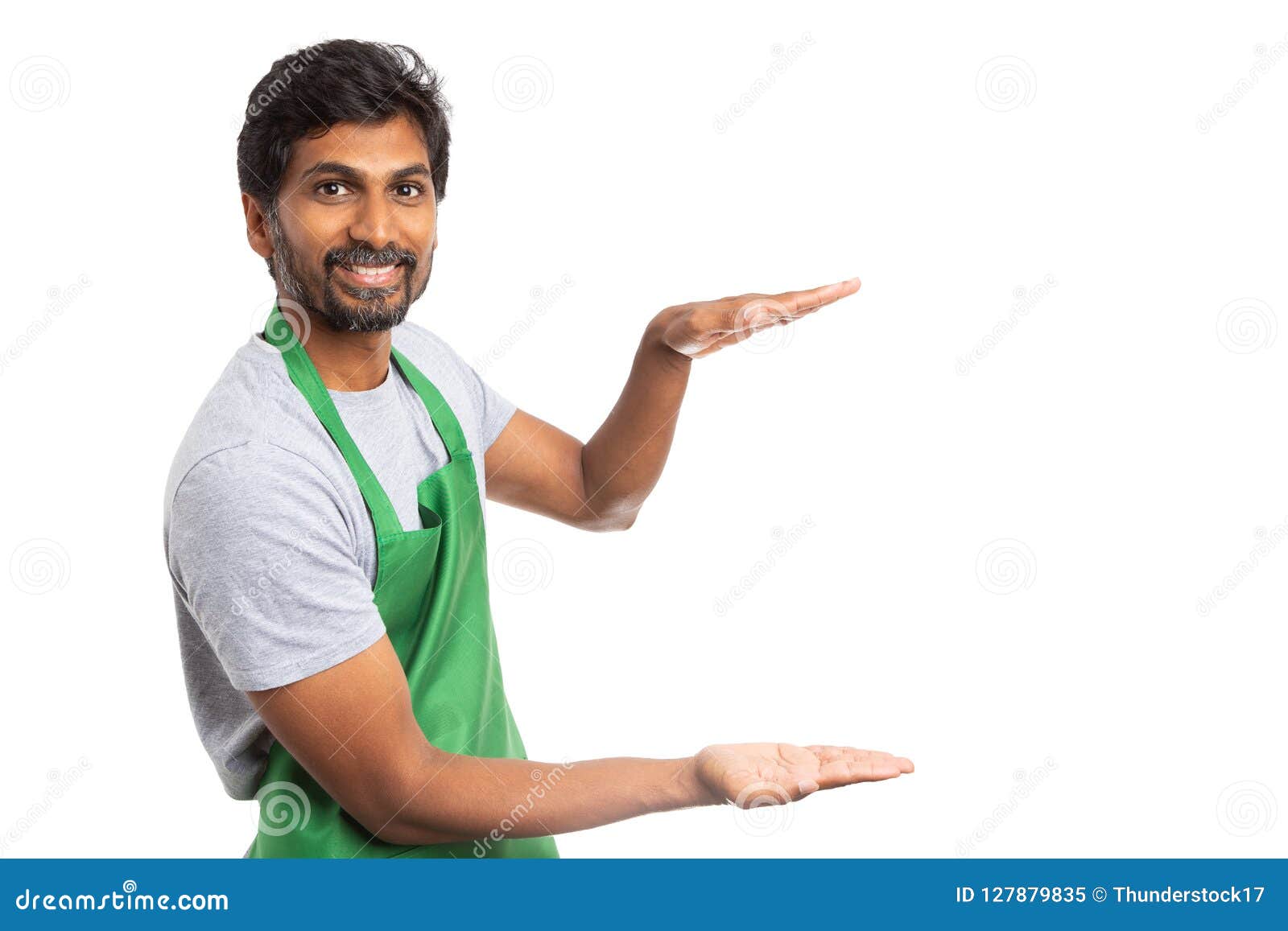 Tendero Que Muestra El Copyspace Para El Objeto Grande Imagen de ...