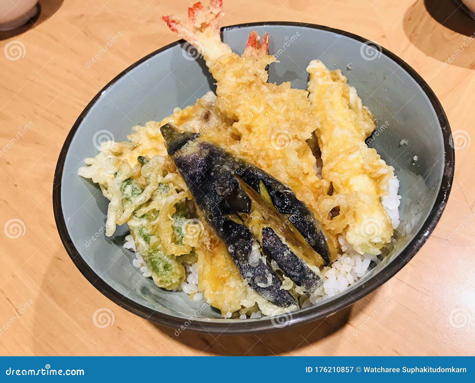 Crisp tempura rice bowl. stock image. Image of bowl - 176210857