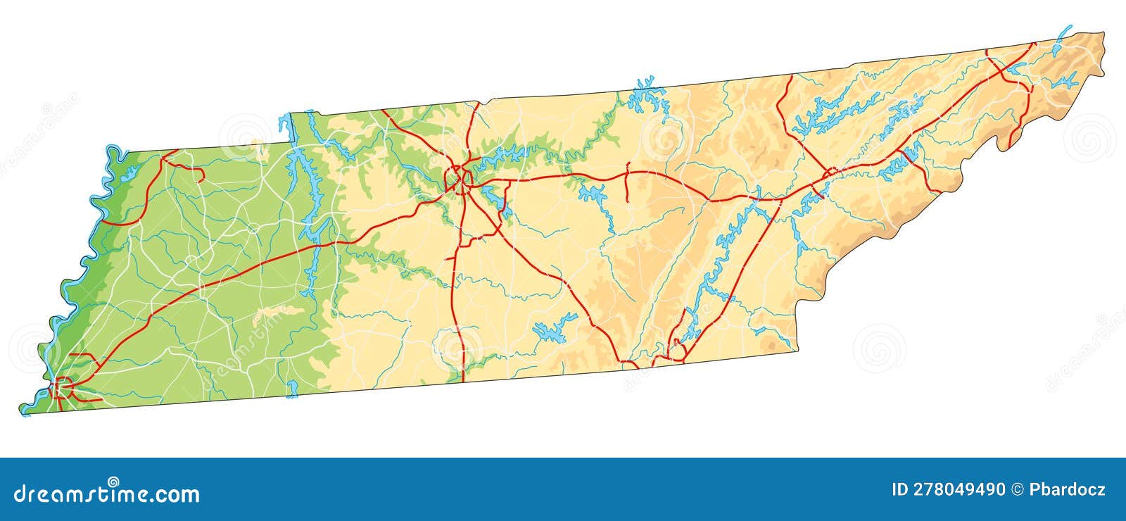 Detailed Tennessee Physical Map With Labeling. Vector Illustration ...