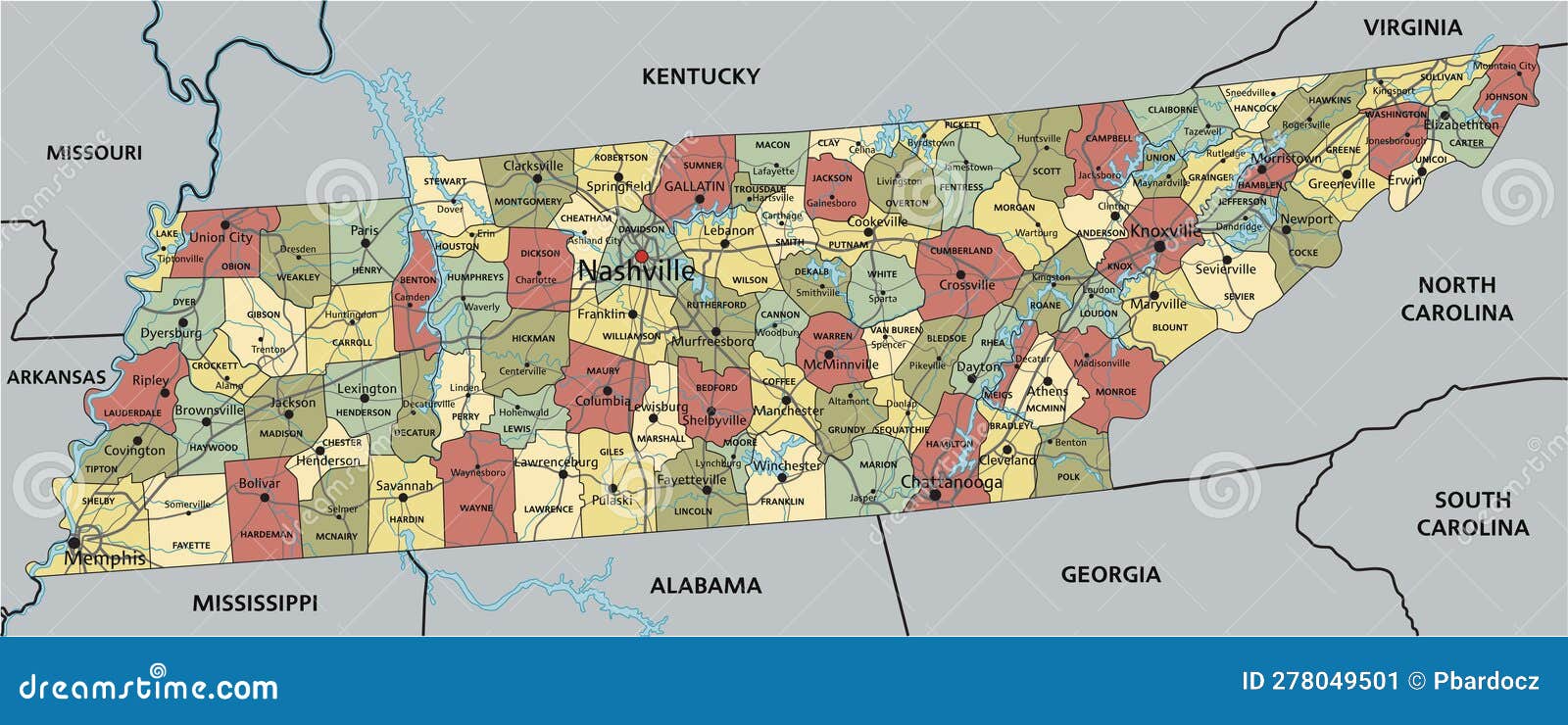 Tennessee - Detailed Editable Political Map with Labeling. Stock Vector ...