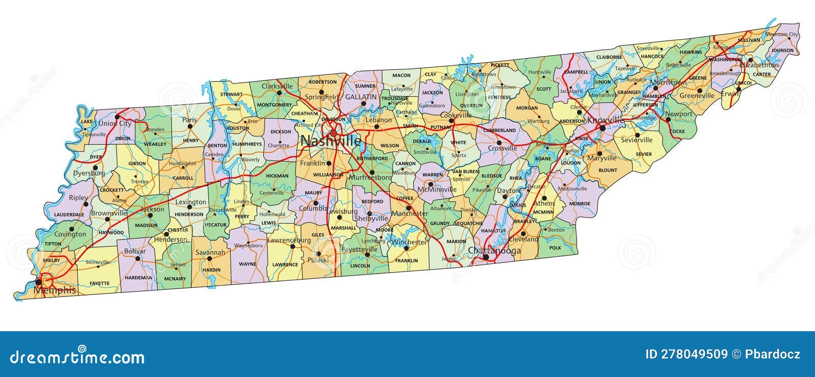 Tennessee - Detailed Editable Political Map with Labeling. Stock Vector ...