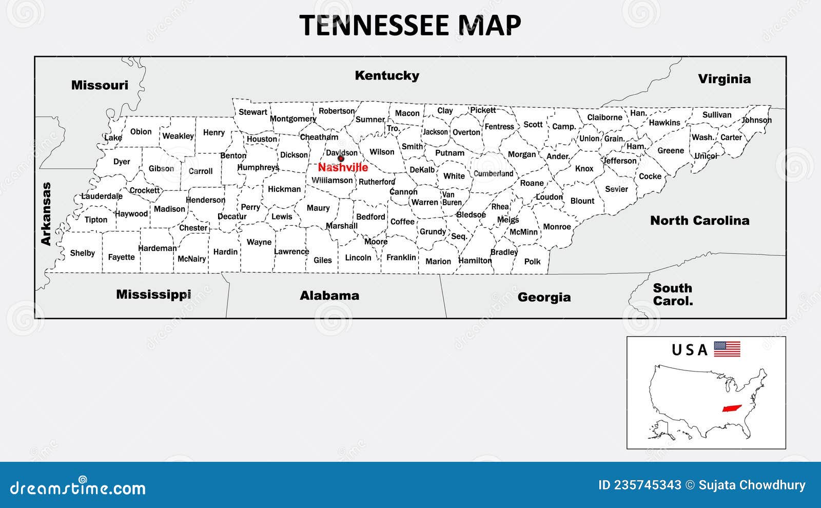 Tennessee Map. Political Map of Tennessee with Boundaries in White ...