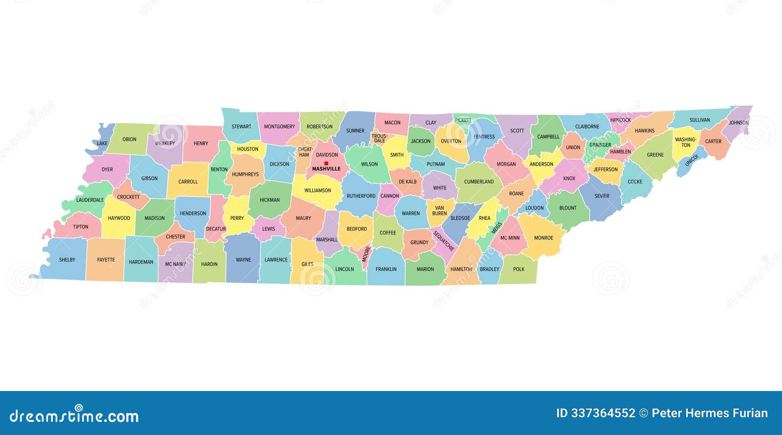 Tennessee, U.S. State, Subdivided into 95 Counties, Multi Colored Map ...