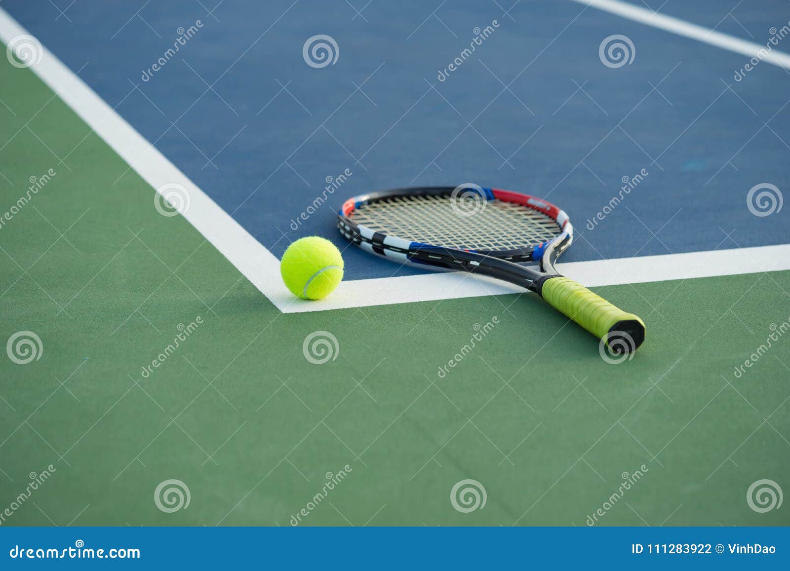 Tennis Ball and Racket on Tennis Court Stock Photo - Image of athlete ...