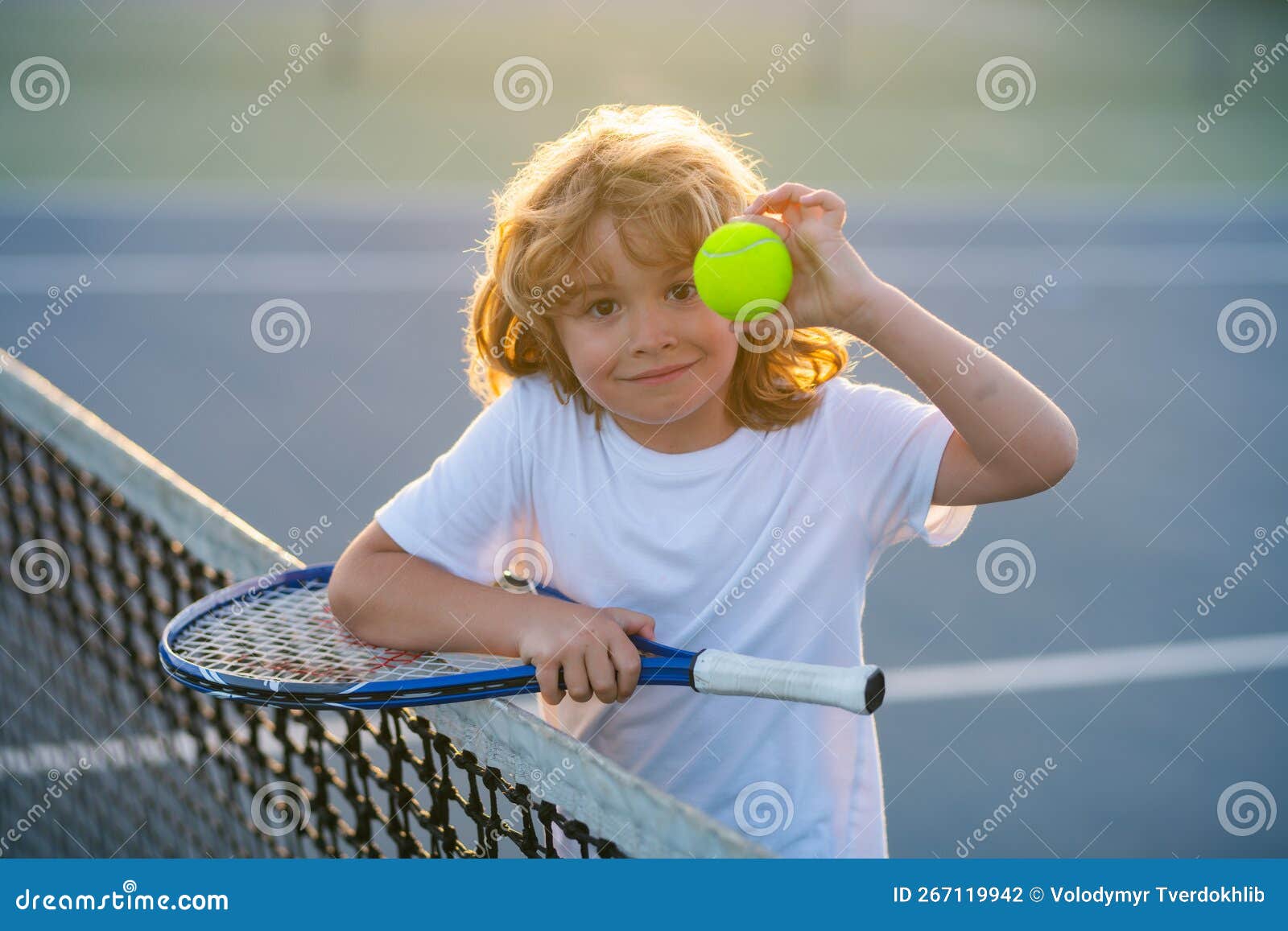 Tennis. Child Boy Tennis Beginner Playing Tennis on Court. Stock Photo ...