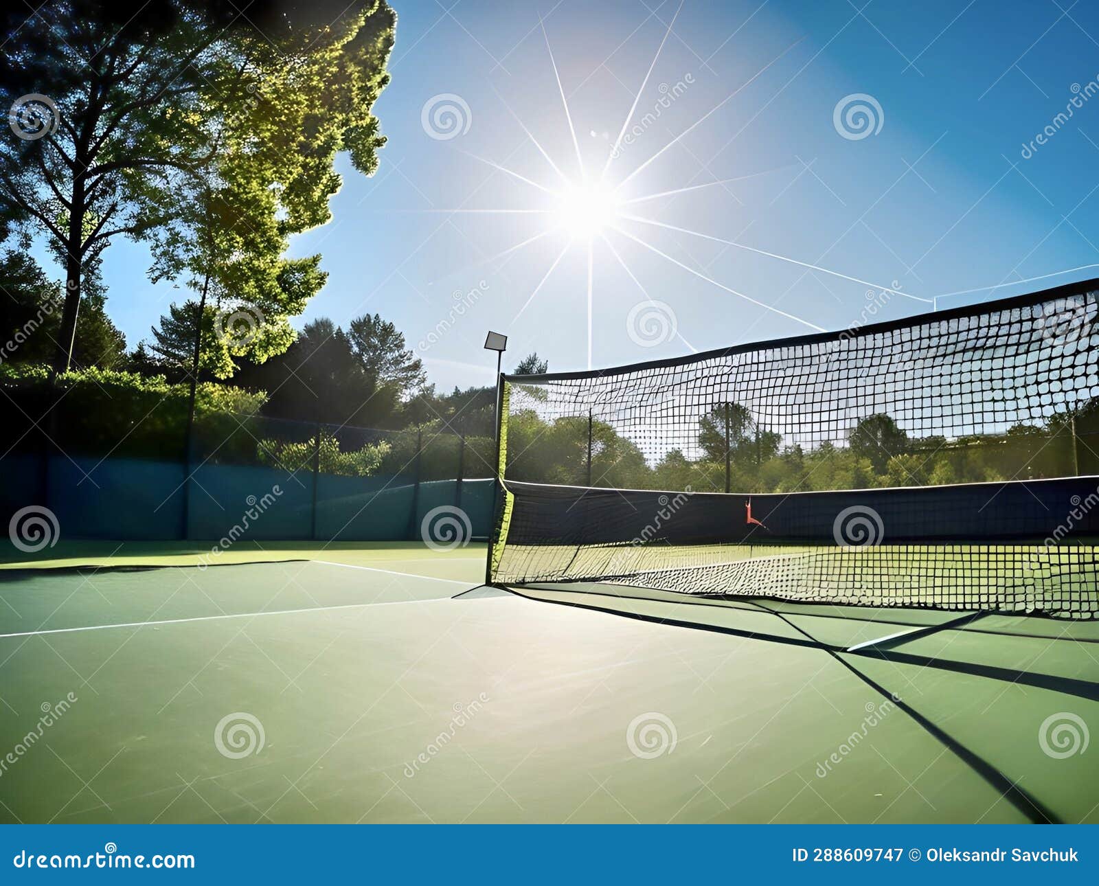 Tennis Court with Net and Sun Rays in the Background. Toned. Stock ...
