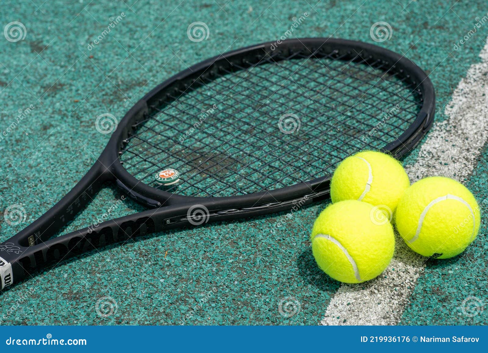 Tennis Racket and Balls on the Tennis Court Stock Photo - Image of ...