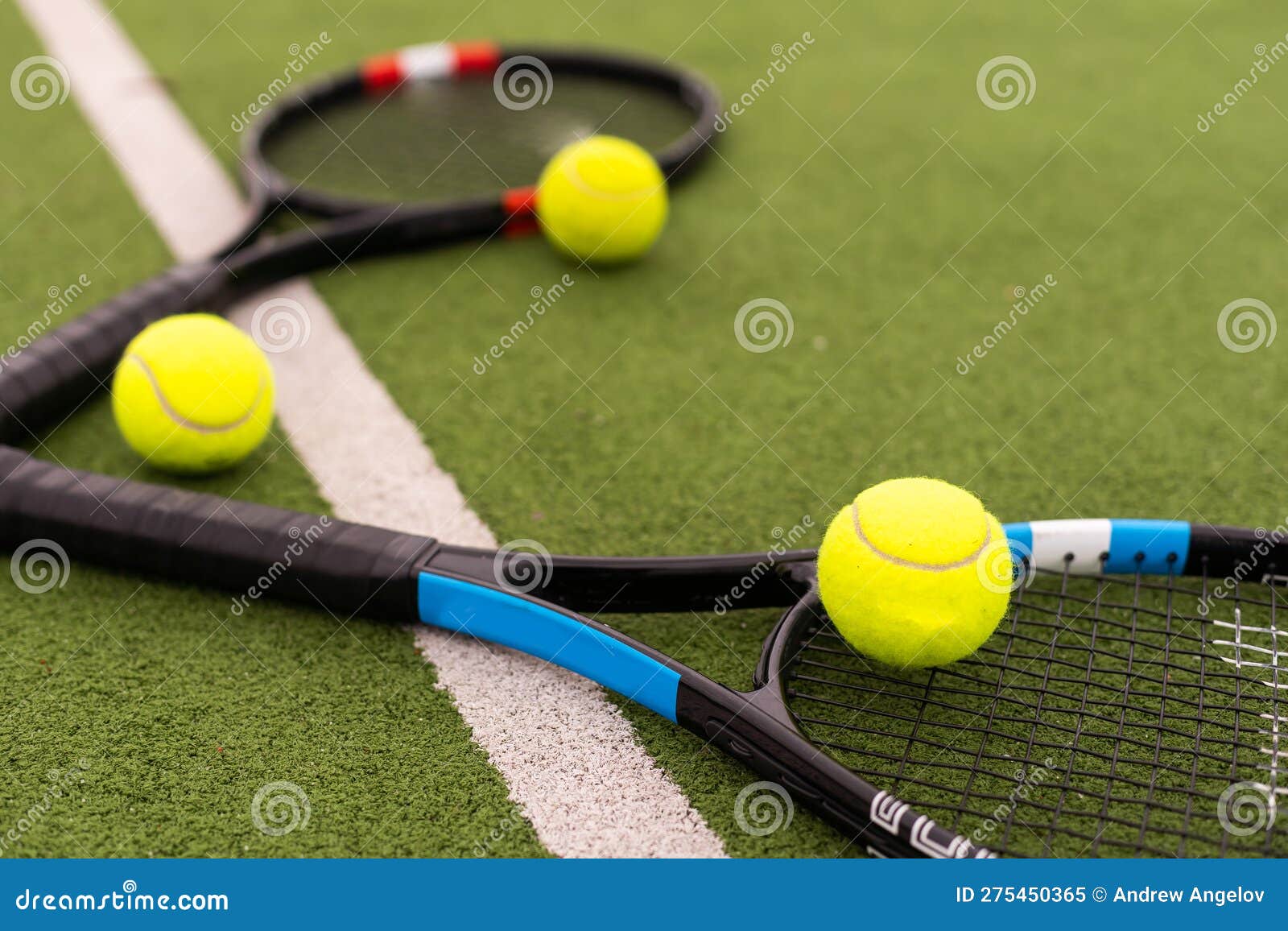 Tennis Racket with Balls on Green Background. Stock Image - Image of ...