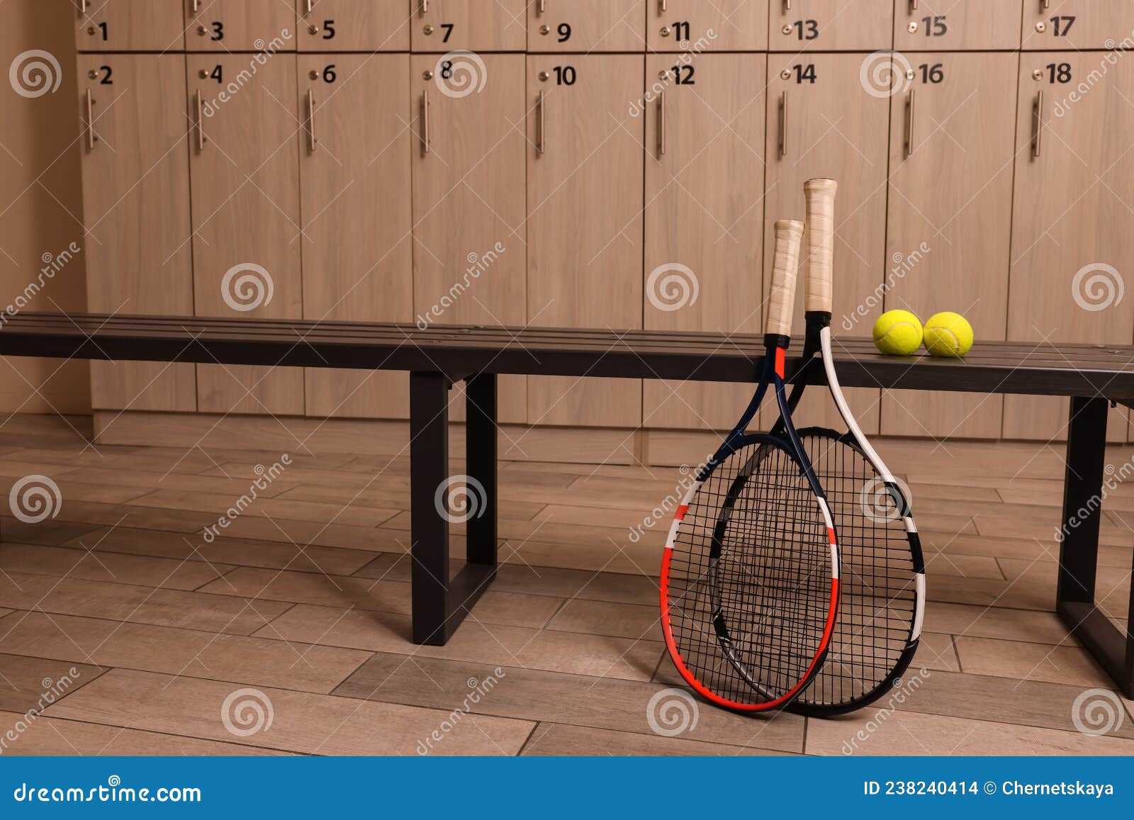 Tennis Racket and Balls in Locker Room Stock Photo - Image of ...