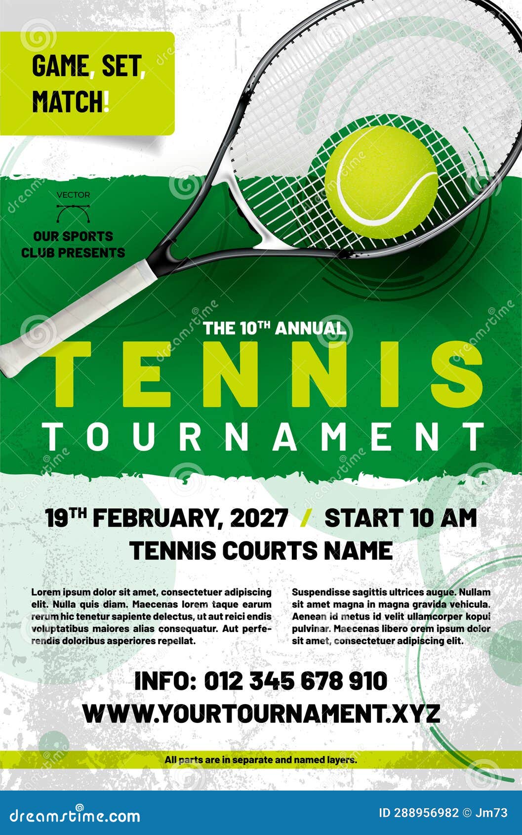 Tennis Tournament Poster Template with Ball, Racket and Sample Text ...