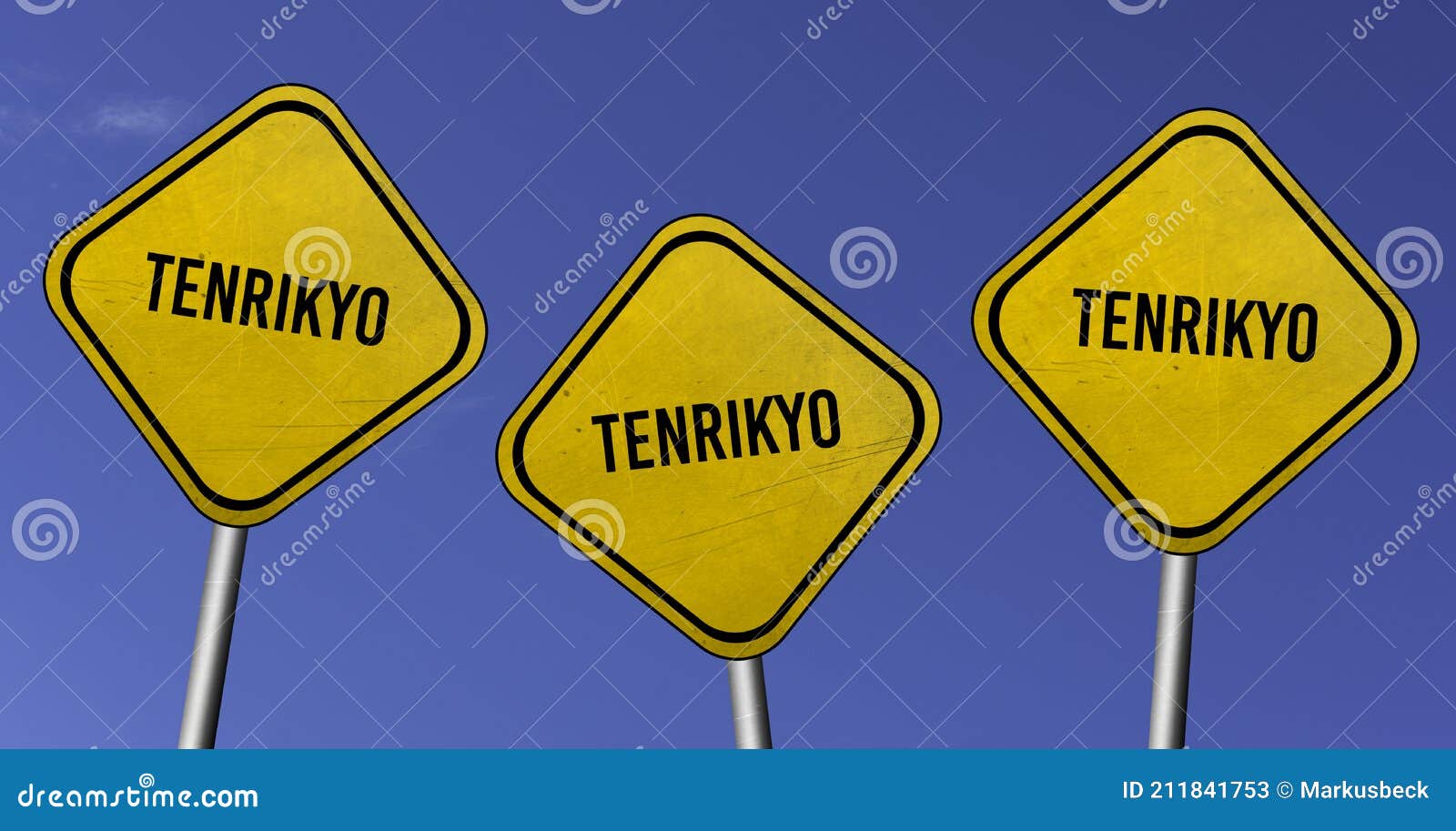 Tenrikyo - Three Yellow Signs with Blue Sky Background Stock Image ...