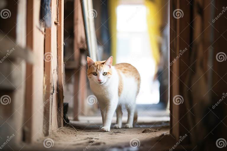 Tense Cat with Arched Back in Barn Corridor Stock Image - Image of barn ...