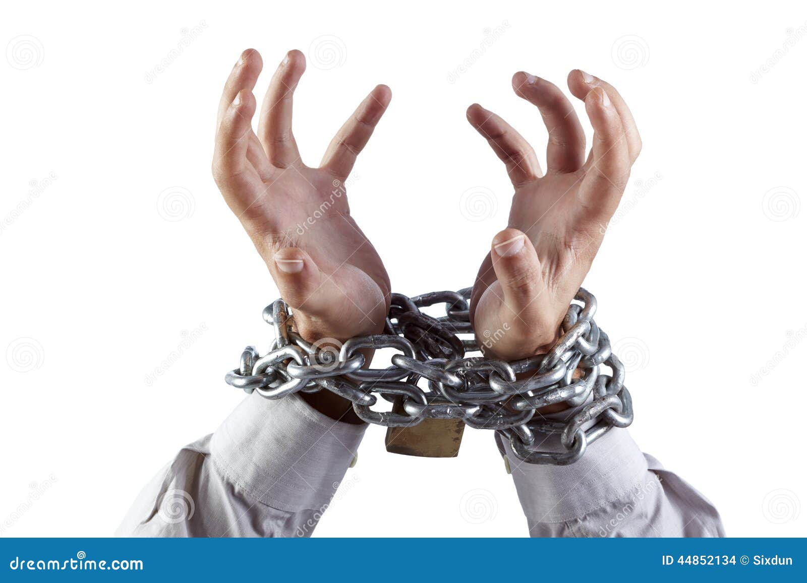 Man`s Hands Chained With Old Rusty Thick Chain On The Wooden Boards ...