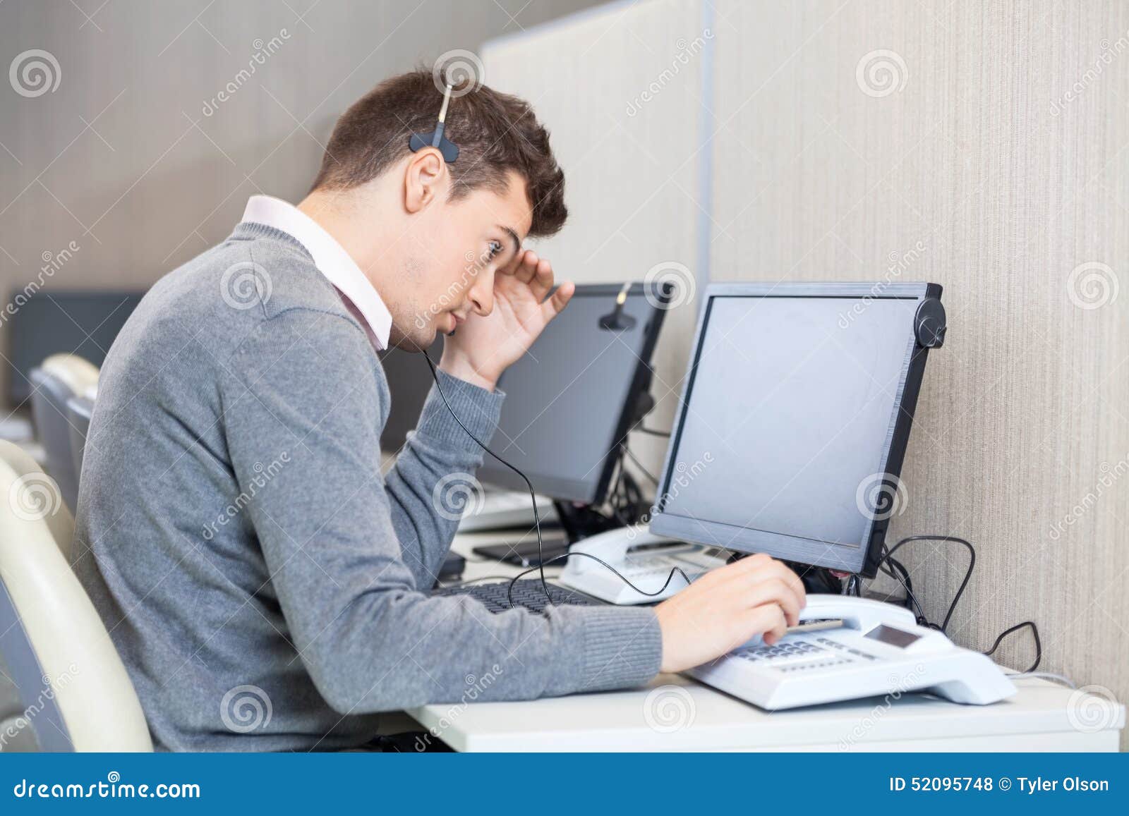 Tensed Customer Service Representative at Desk Stock Photo - Image of ...