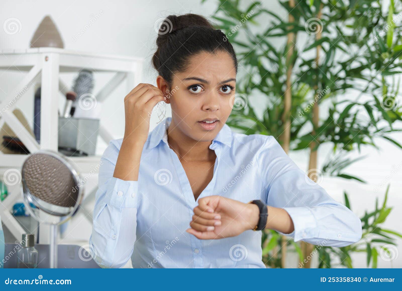 Tensed woman late for work stock photo. Image of businesswoman - 253358340