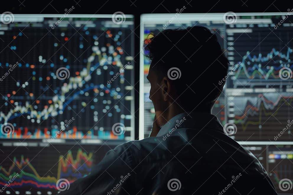 Tensed Worker Staring at Screen Filled with Graphs and Data Stock Photo ...