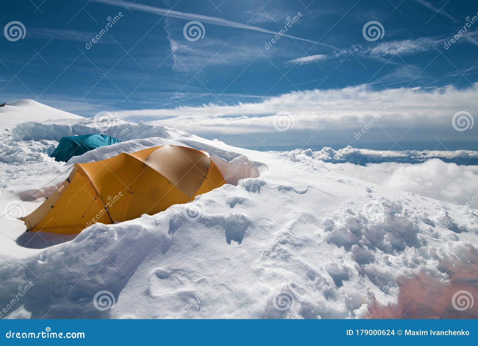 Tent at the Base Camp in Snow Above the Clouds Stock Photo - Image of ...