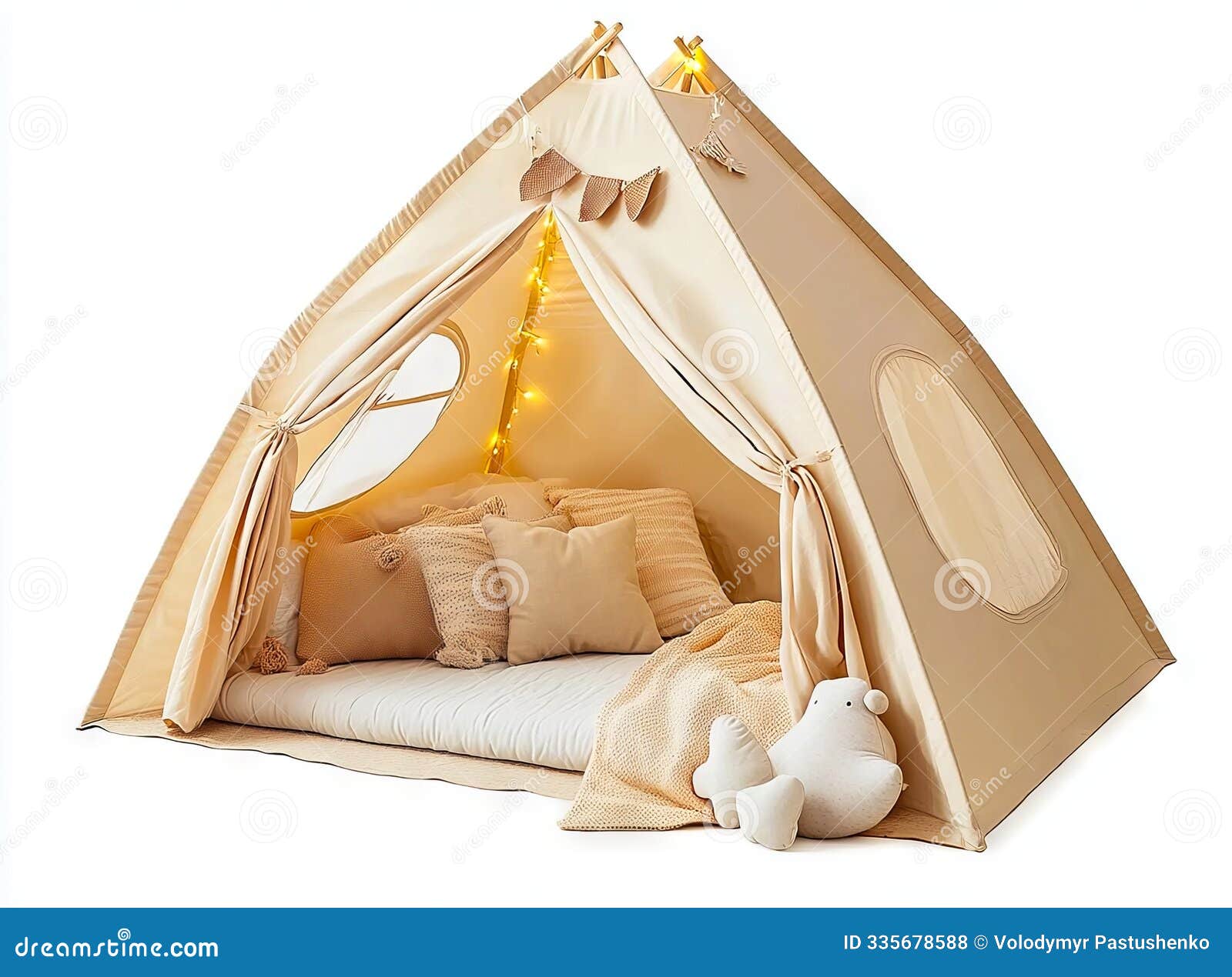 A Tent with a Bed and a Teddy Bear Inside of it Stock Photo - Image of ...