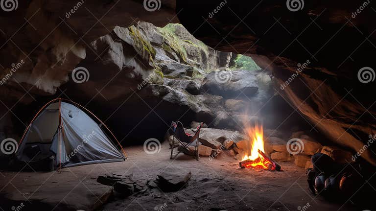 Tent Camp in Cave with Campfire. Generative AI Stock Illustration ...