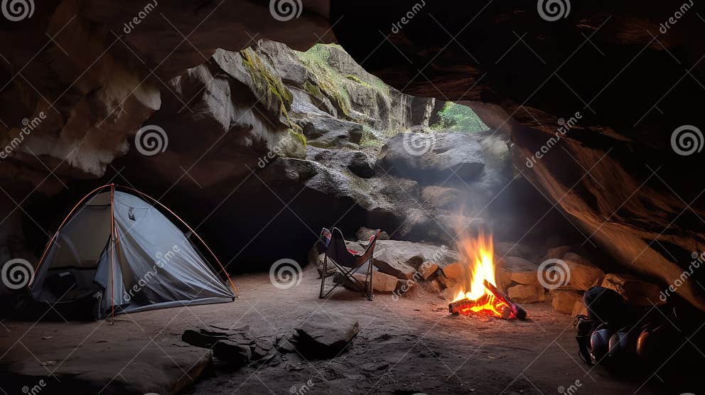 Tent Camp in Cave with Campfire. Generative AI Stock Illustration ...