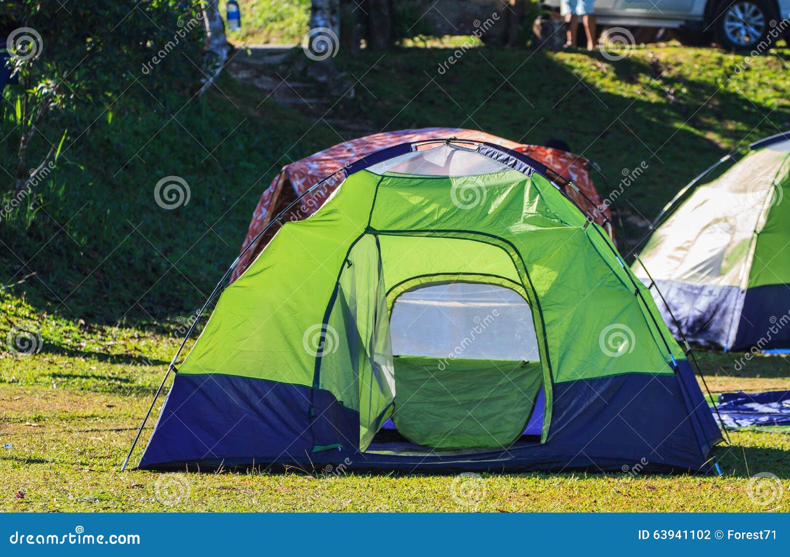 Tent on Campground in Morning Stock Photo - Image of activity, land ...
