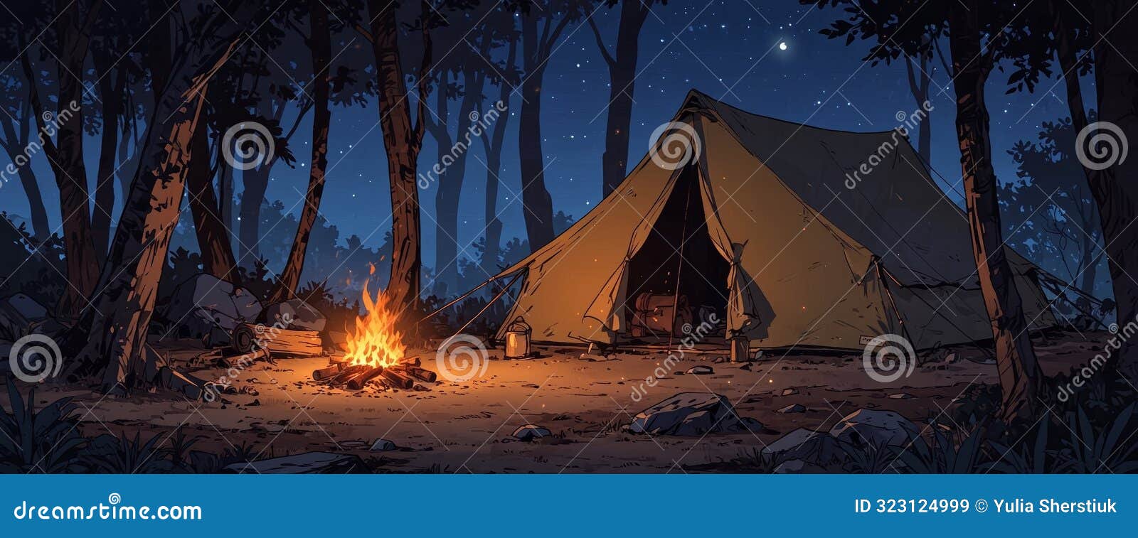 Tent Camping in the Dark Forest at Night with a Campfire. Stock Image ...