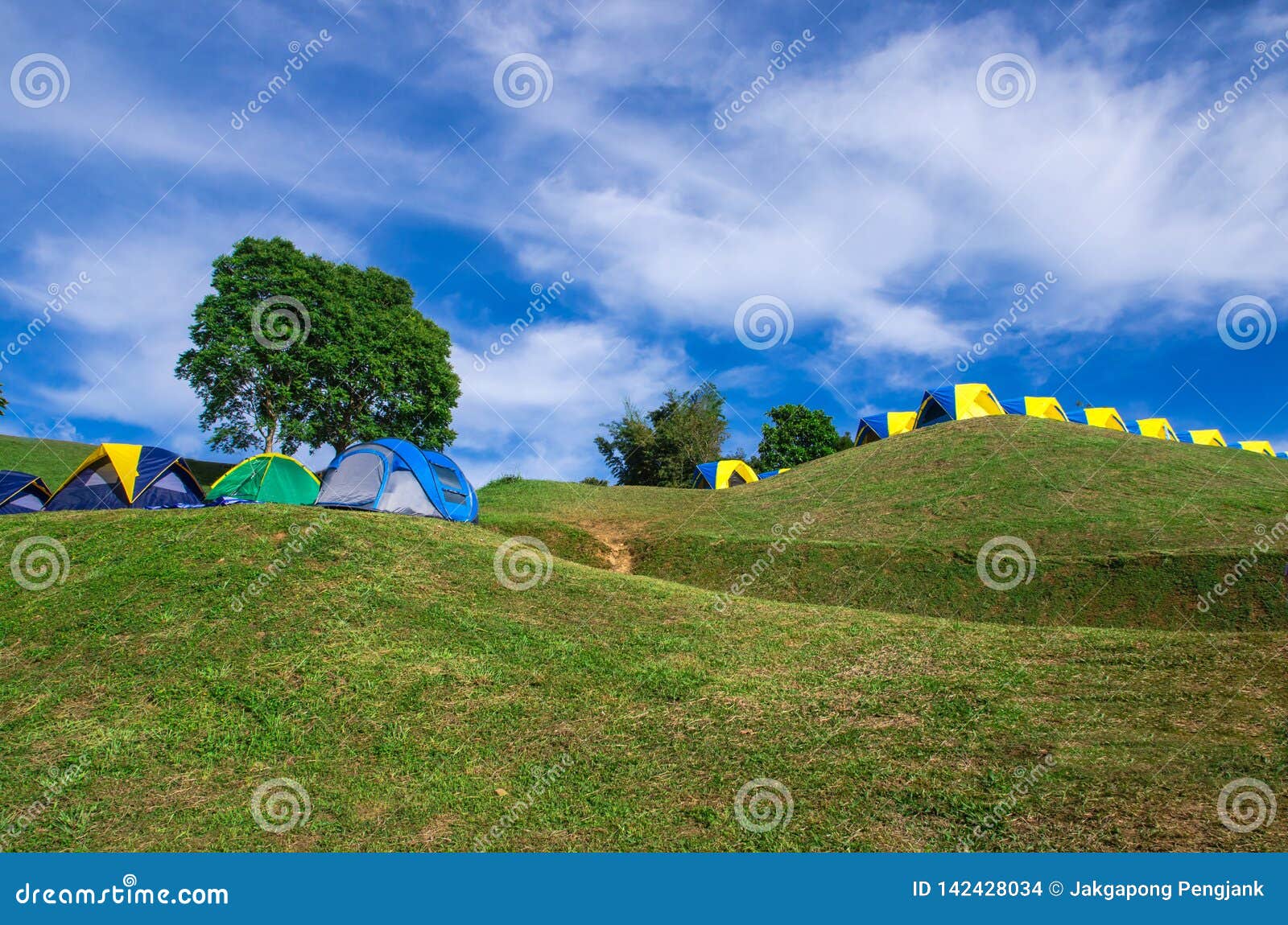 Tent camping on green hill stock photo. Image of hiking - 142428034