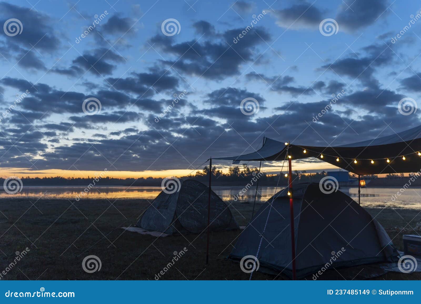 Tent Camping in the Morning Sunrise at the Lakeside Stock Image - Image ...