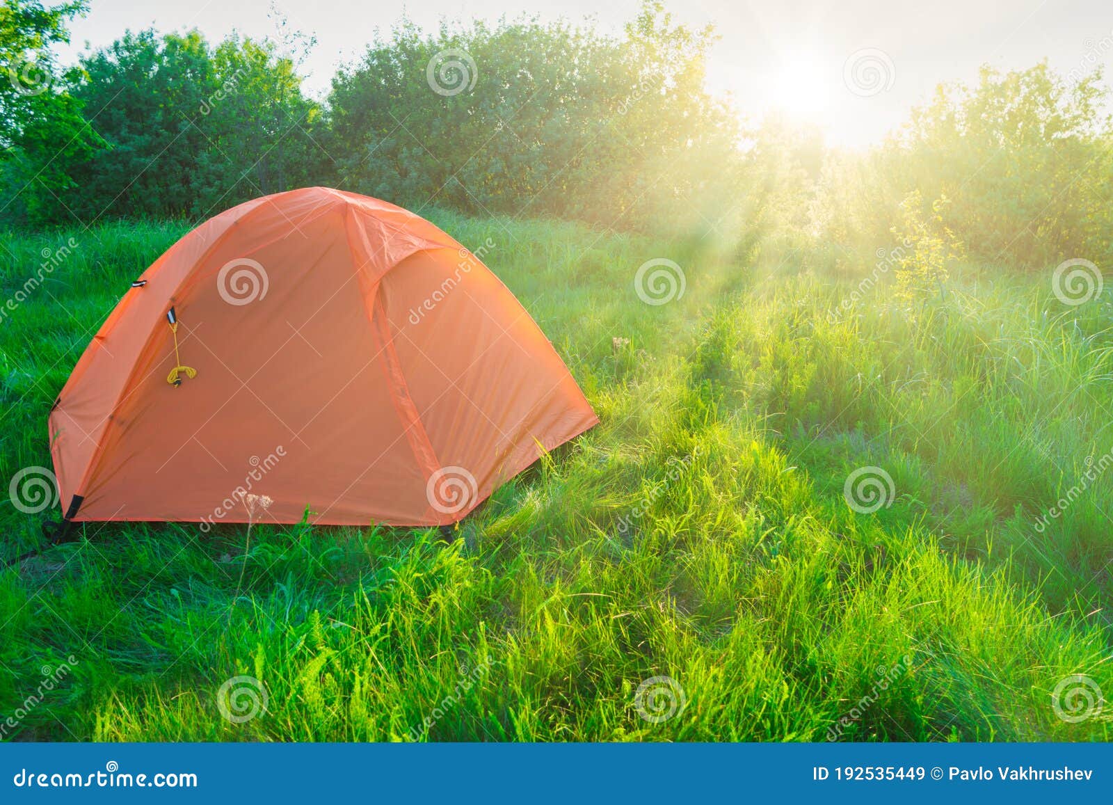 Tent camping at sunset stock image. Image of colored - 192535449