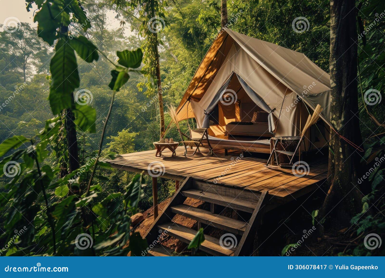 Tent Camping in the Woods on Top of a Wooden Deck Stock Image - Image ...