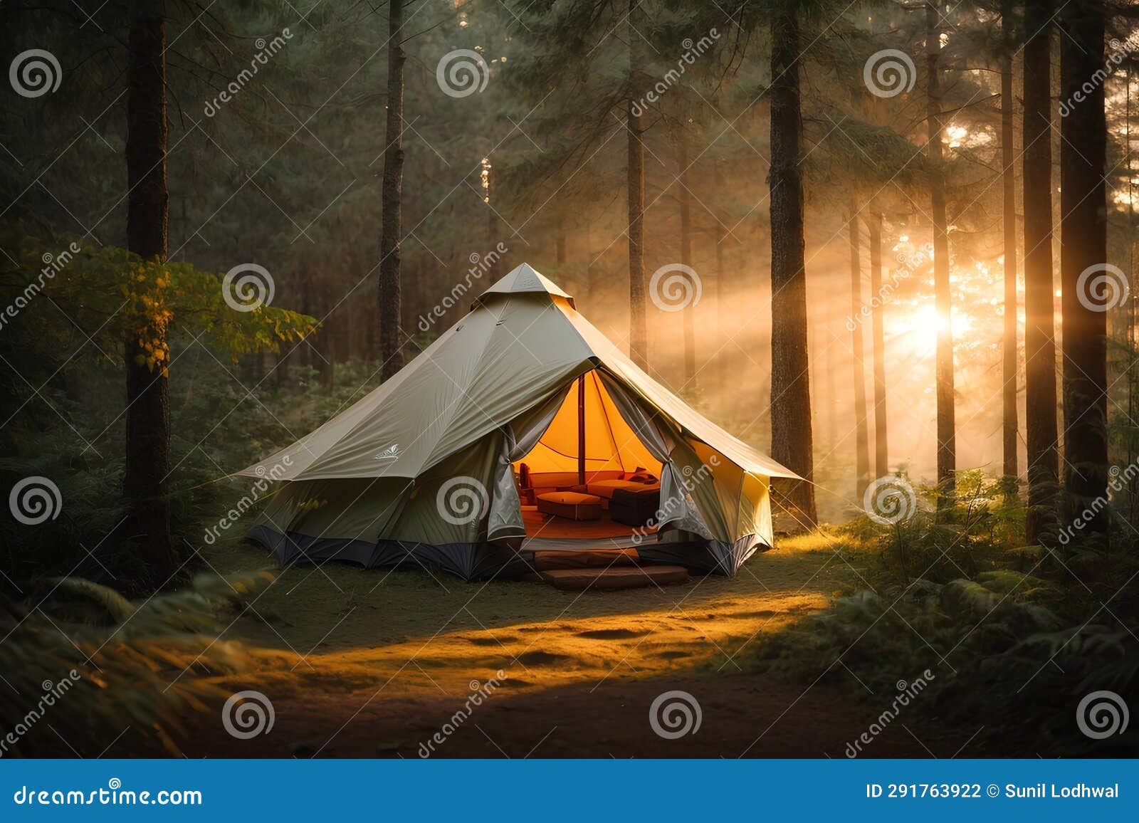 A Tent in a Dense Forest with Sunset Rays Falling from Behind Stock ...